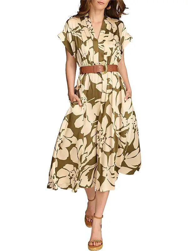 Donna Karan New York French Twill Floral Belted Midi Dress - Sap Green/canvas