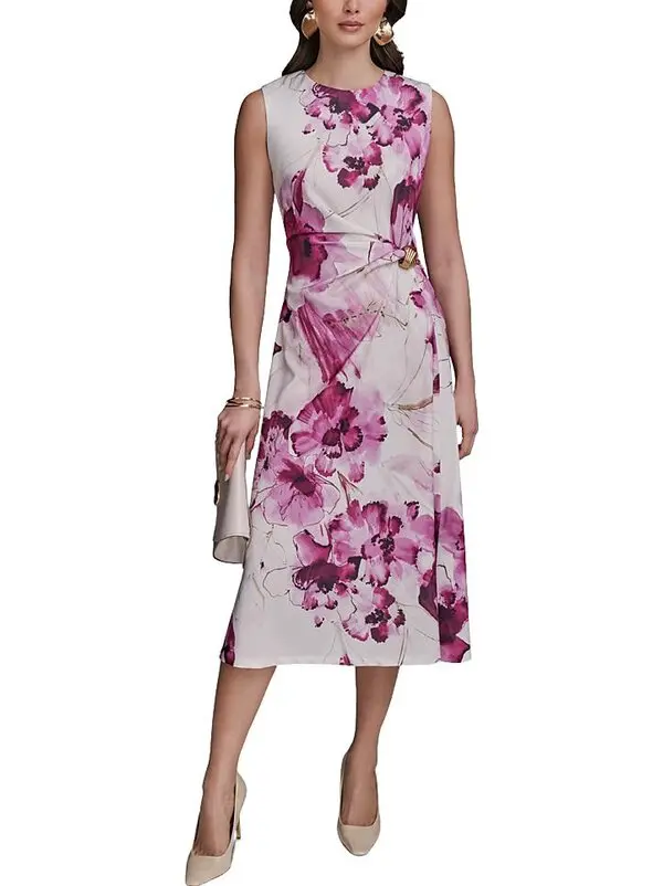Donna Karan New York Floral Satin Gathered Waist Dress - Sangria Multi