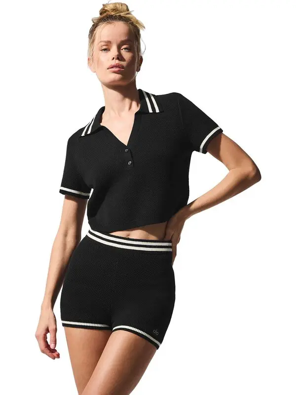Alo Yoga Tennis Club Sweater Knit Cropped Polo Top - Black/ivory