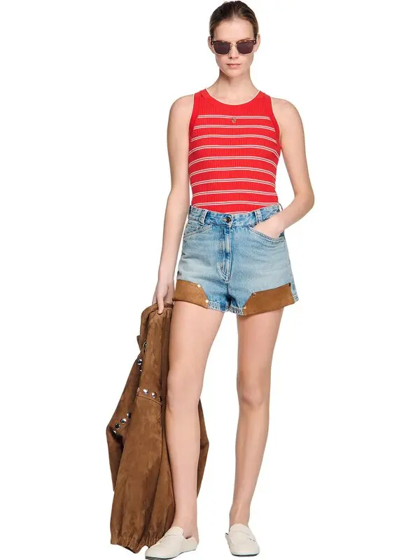 Sandro Striped Ribbed Knit Vest Top - Red