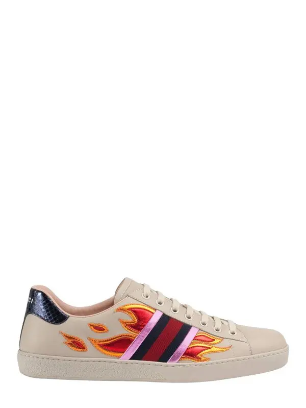 Gucci Ace Flame Embroidered Sneakers - Tan
