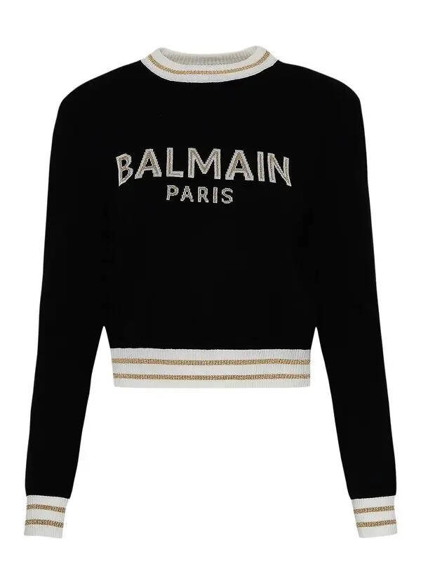 Balmain Logo Intarsia Knitted Cropped Jumper - Black
