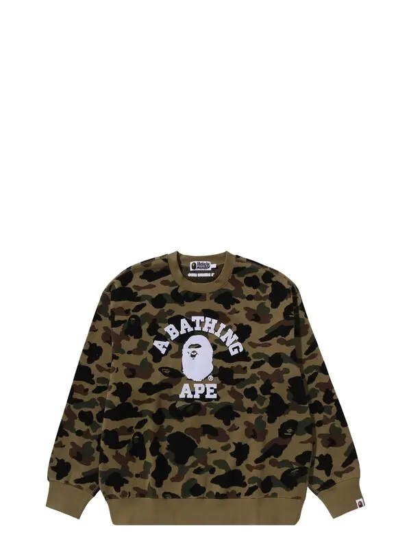 A BATHING APE 1st Camo Jacquard College Relax Fit Crewneck Sweatshirt - Green