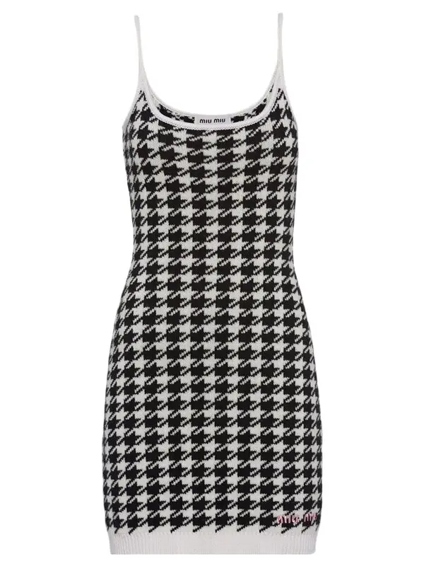 Miu Miu Houndstooth Cashmere Mini Dress - White