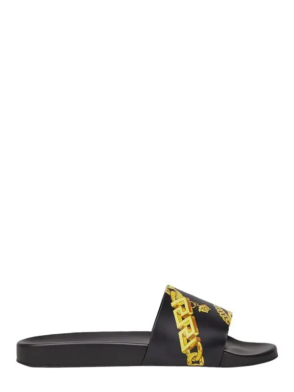Versace La Greca Chain Print Slides - Black