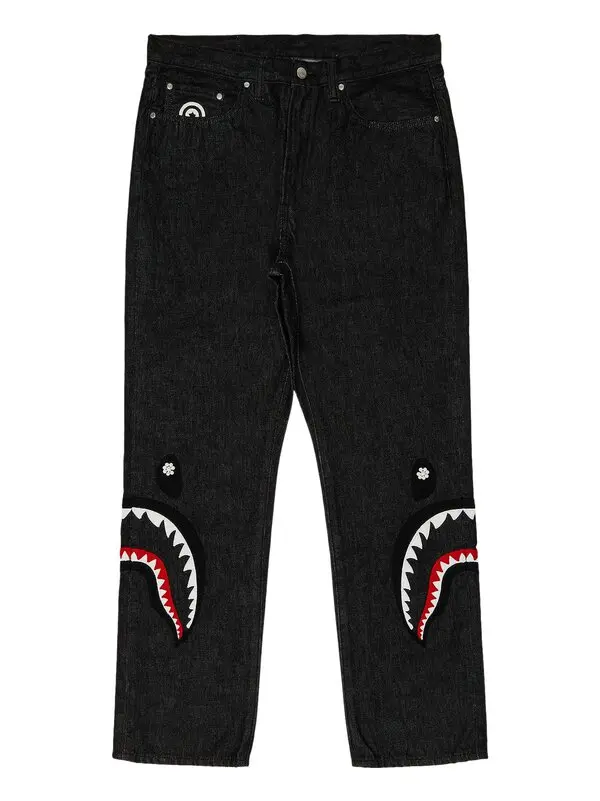 A BATHING APE Exclusive Pearl Shark Relaxed Fit Denim Pants - Black