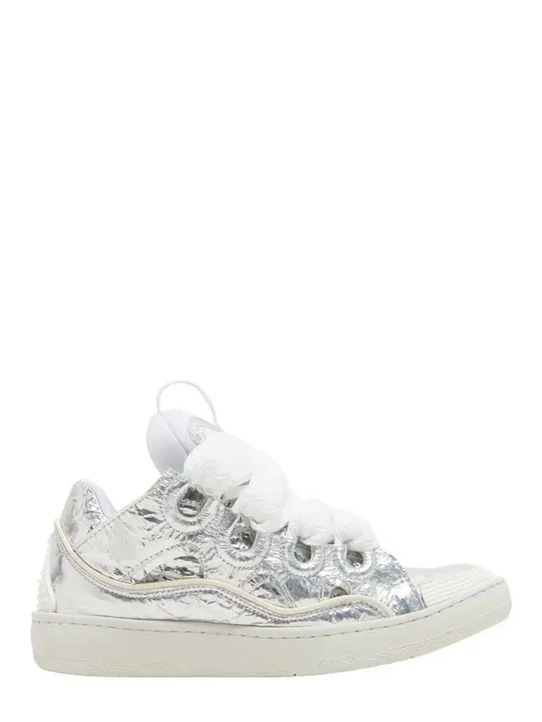 LANVIN Curb Crinkled Metallic Leather Sneakers - Silver