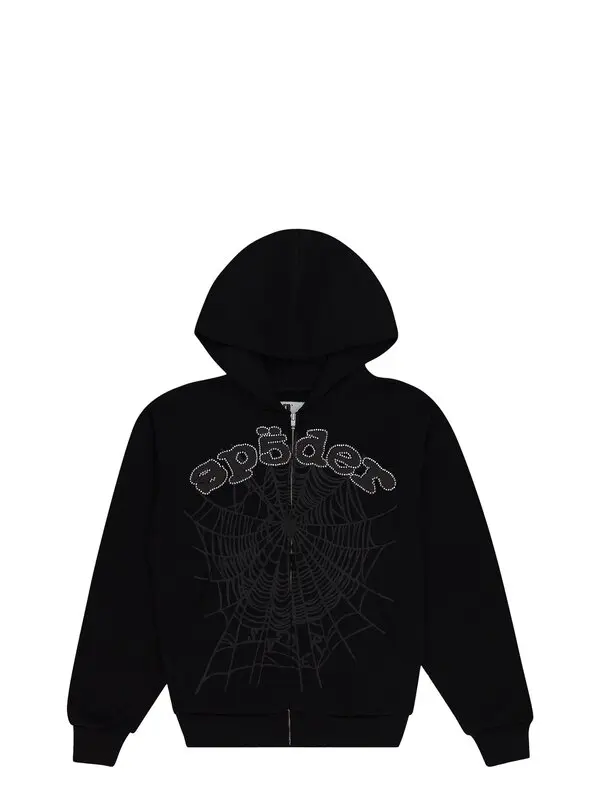SP5DER X Young Thug Rhinestone Zip-up Hoodie - Black