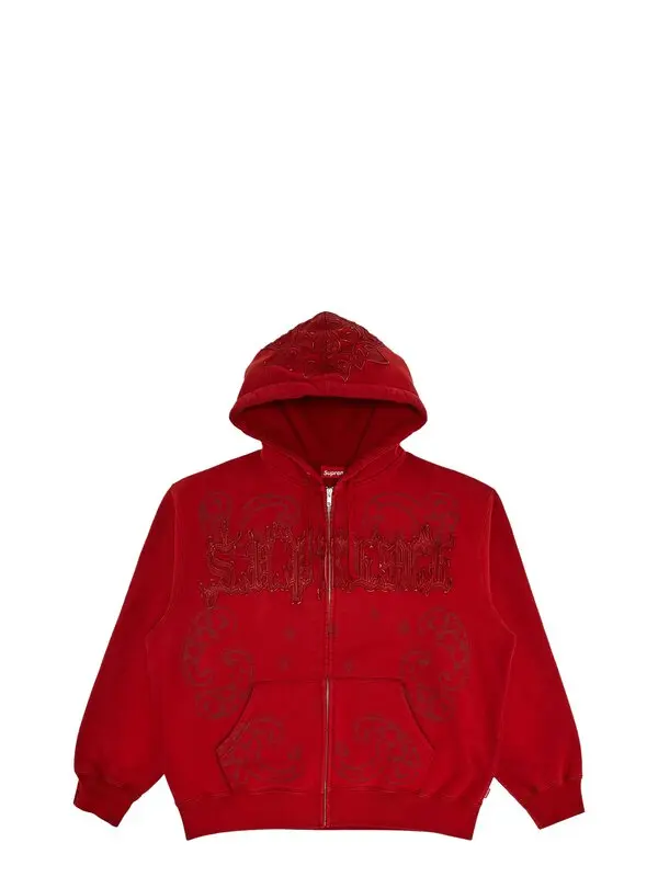 Supreme Leather Appliqué Zip Up Hooded Sweatshirt - Red