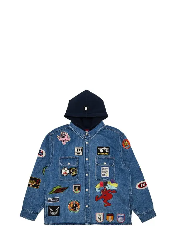 Supreme Patches Hooded Zip Up Shirt - Blue