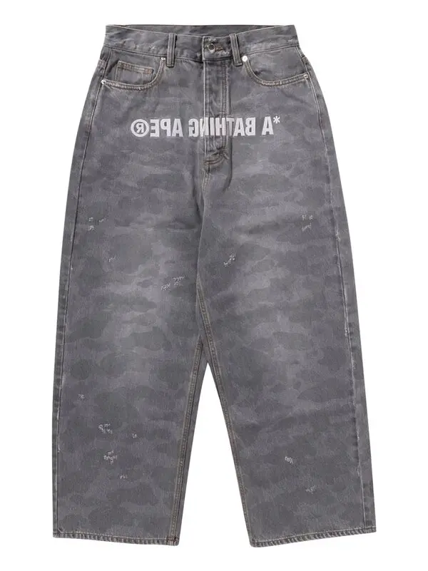 A BATHING APE 1st Camo Destroyed Loose Fit Denim Pants - Grey