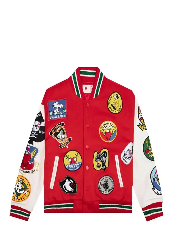 EMOTIONALLY UNAVAILABLE Patches Varsity Jacket - Red