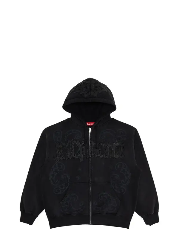 Supreme Leather Appliqué Zip Up Hooded Sweatshirt - Black