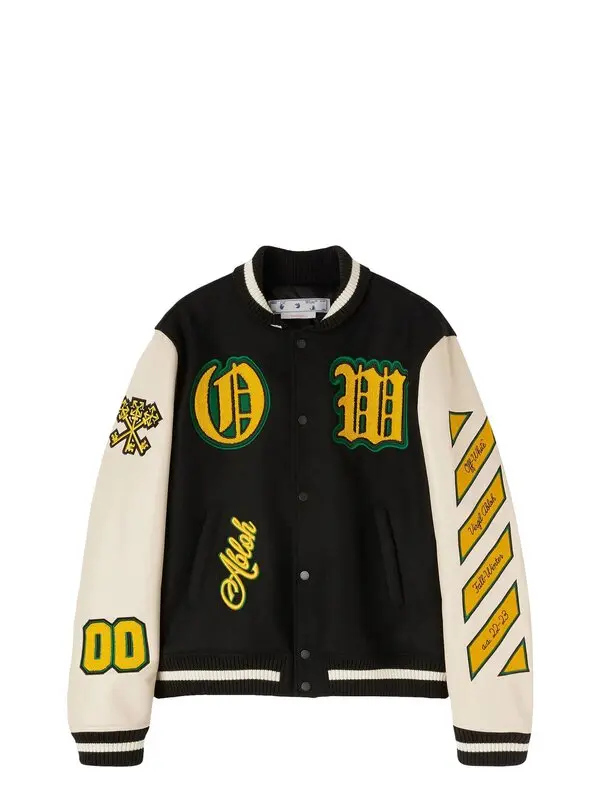 Off-White Graphics Leather Varsity Jacket - Black