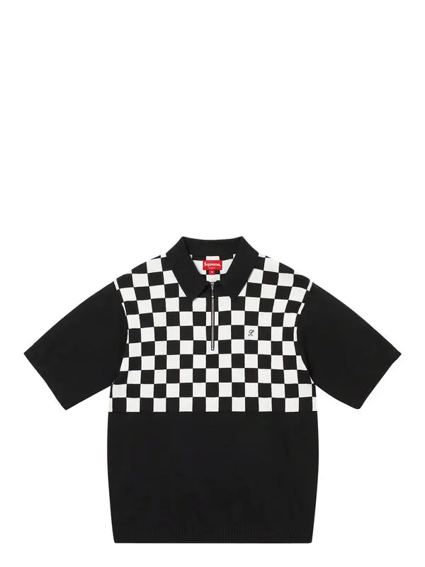 Supreme Checkerboard Zip Up Polo - Black