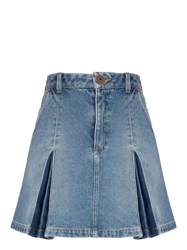 Balmain Pleated Denim Mini Skirt - Blue
