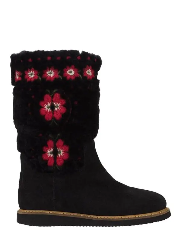 Valentino Garavani Embroidered Fur Boots - Black