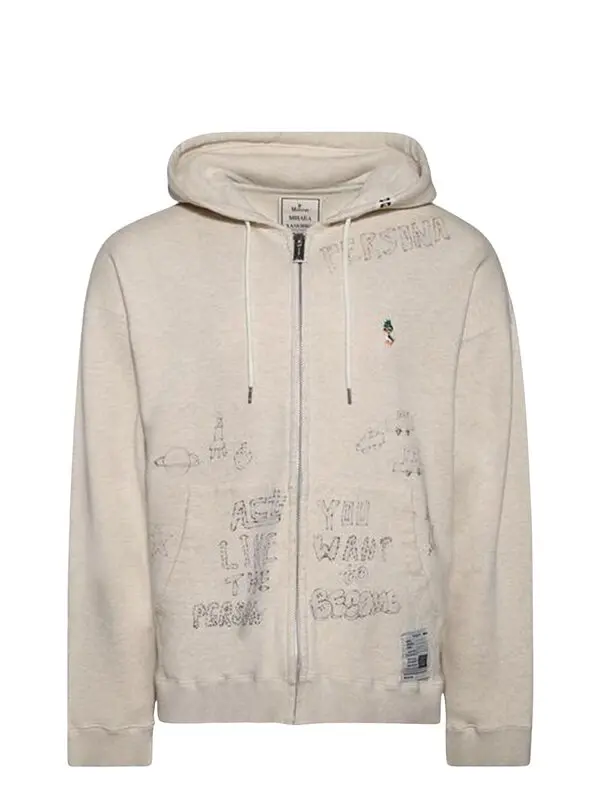 Mihara Yasuhiro Distressed Graffiti Print Zip-up Hoodie - White