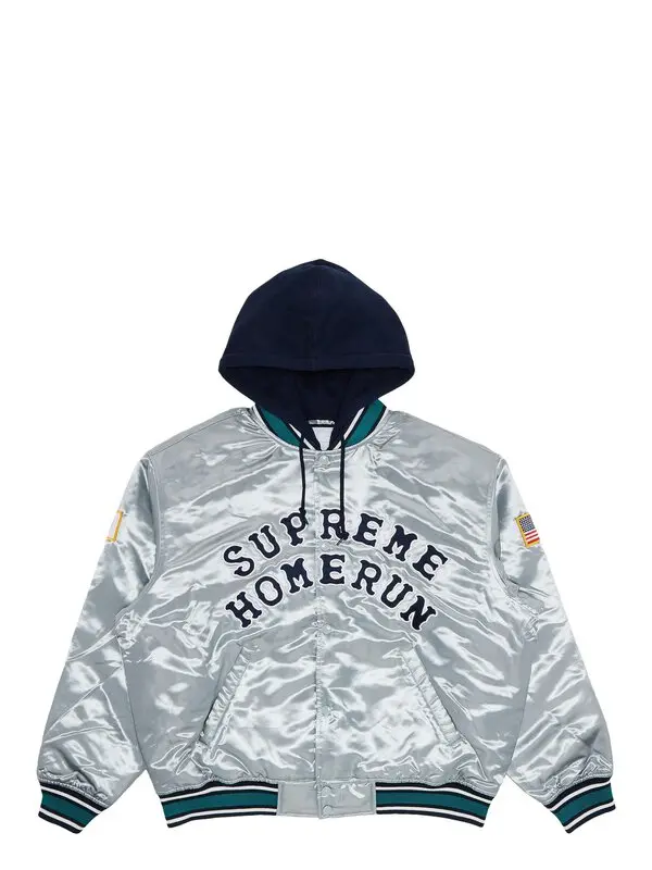 Supreme Satin Hooded Varsity Jacket - Silver