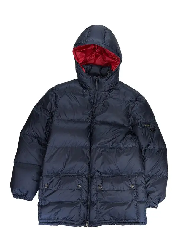 Prada Padded Logo Puffer Coat - Blue