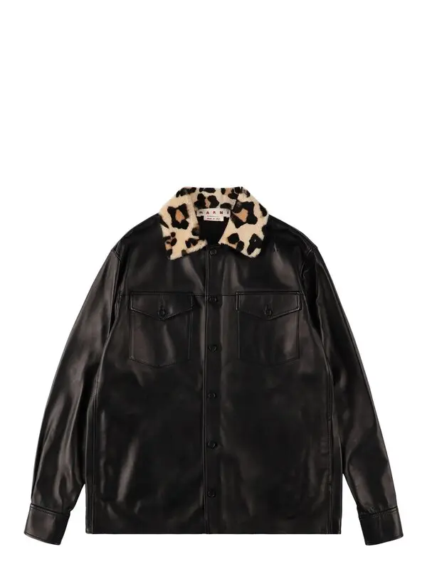 Marni Leather Shirt With Shearling Collar - Black