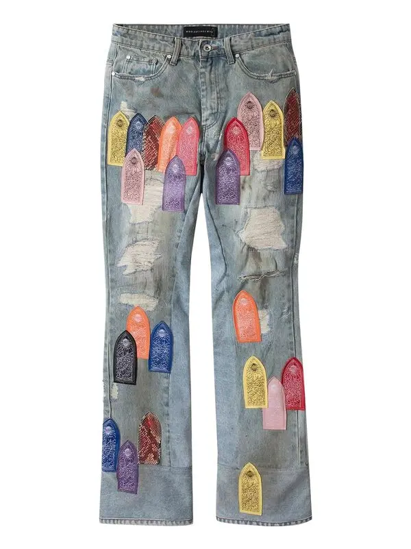WHO DECIDES WAR BY EV BRAVADO Patch Arched Repaired Distressed Denim - Multicolor