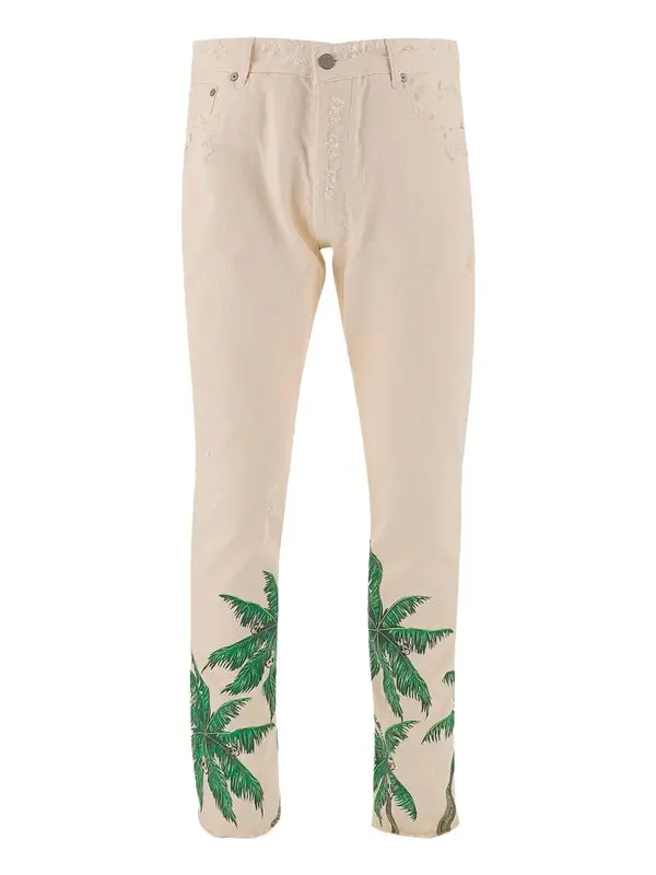 Palm Angels Palm Print Straight Leg Denim - White
