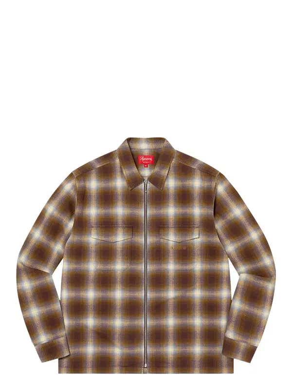 Supreme Shadow Plaid Flannel Zip Up Shirt - Brown