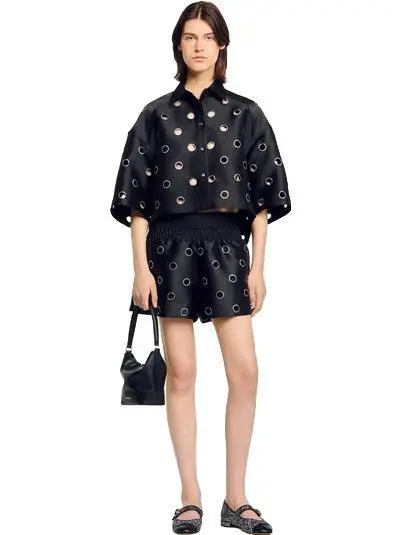 Sandro Oversized Rhinestone Hole Shirt - Black
