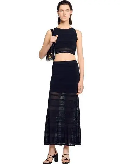 Sandro Decorative Stitch Maxi Knit Skirt - Black