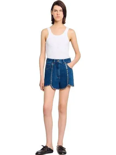Sandro Rhinestone Embellished Denim Shorts - Blue