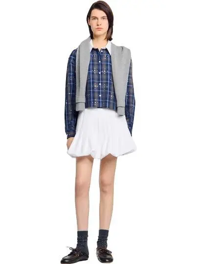 Sandro Rhinestone Checkered Collar Shirt - Blue