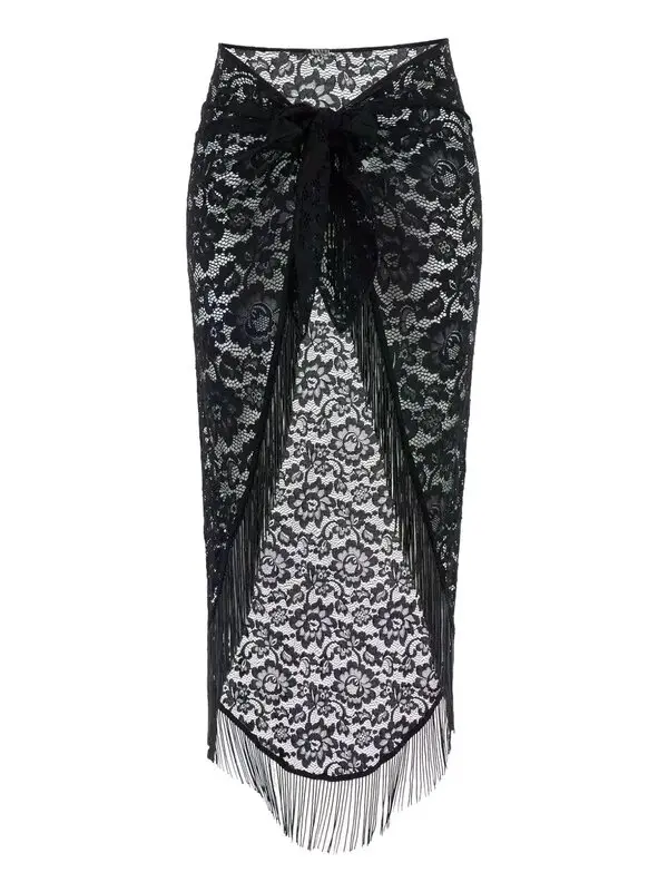 VENUJA Lace Fringed Midi Skirt - Black