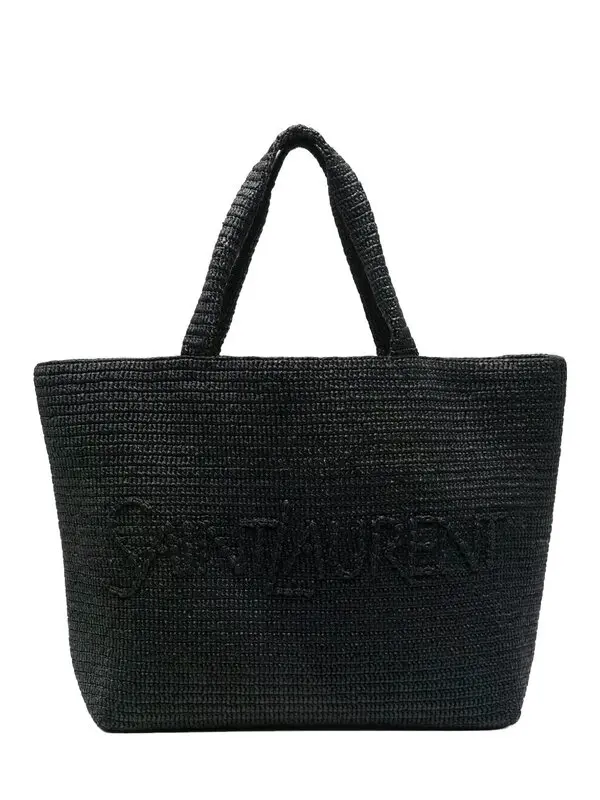 Saint Laurent Logo-embossed Raffia Tote Bag - Black