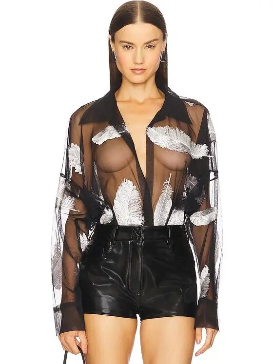 Norma Kamali Boyfriend Neck Shirt Bodysuit - Black & White