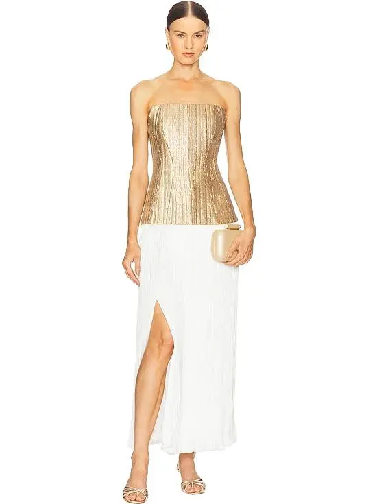 Prabal Gurung Strapless Sequin Dress With Plisse Skirt - Gold & White