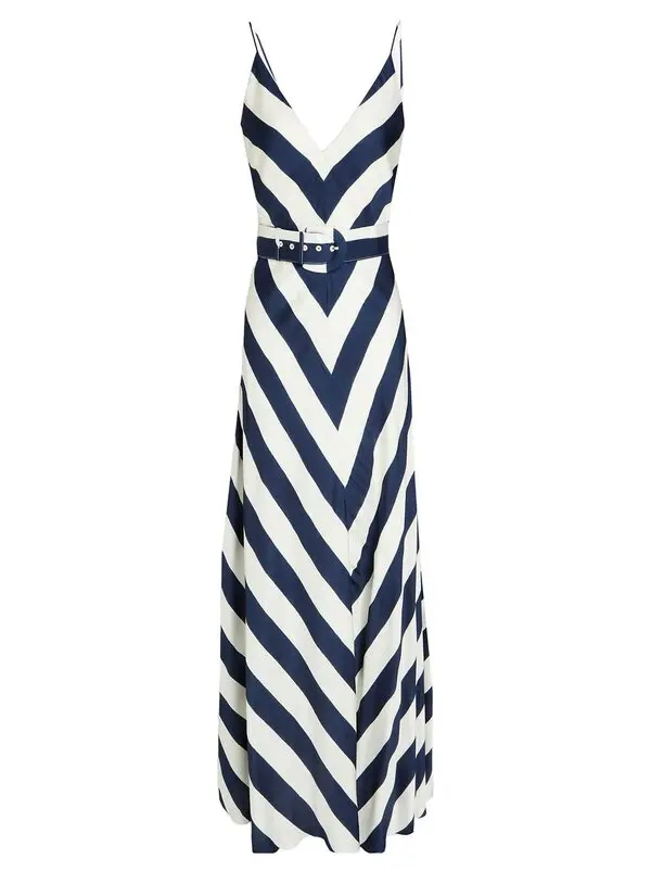 NICHOLAS Belted Striped Satin-twill Maxi Dress - Navy