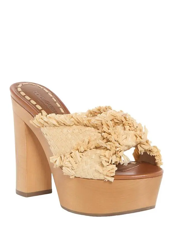 Dolce & Gabbana Frayed Raffia Platform Wedge Sandals - Wood/sand