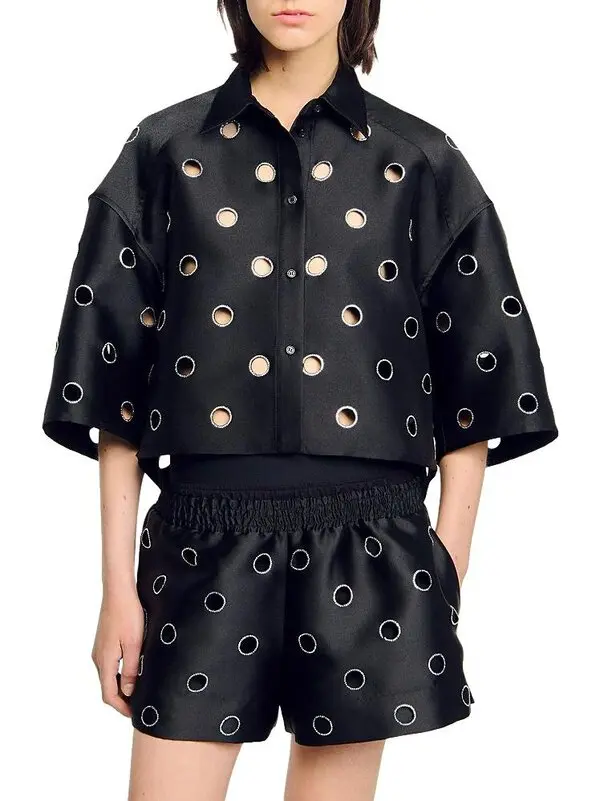 Sandro Rhinestone Cutout Shirt - Black