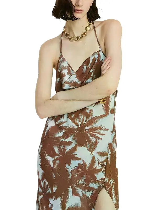 CELESTE Palm-print Cowl-neck Maxi Dress - Brown