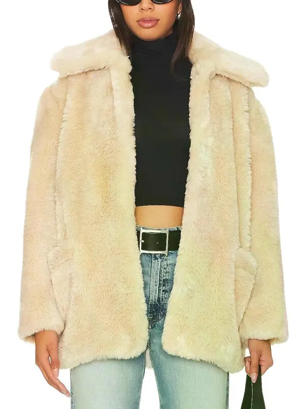 Free People Faux Fur Coat With Notched Collar - Neutrals