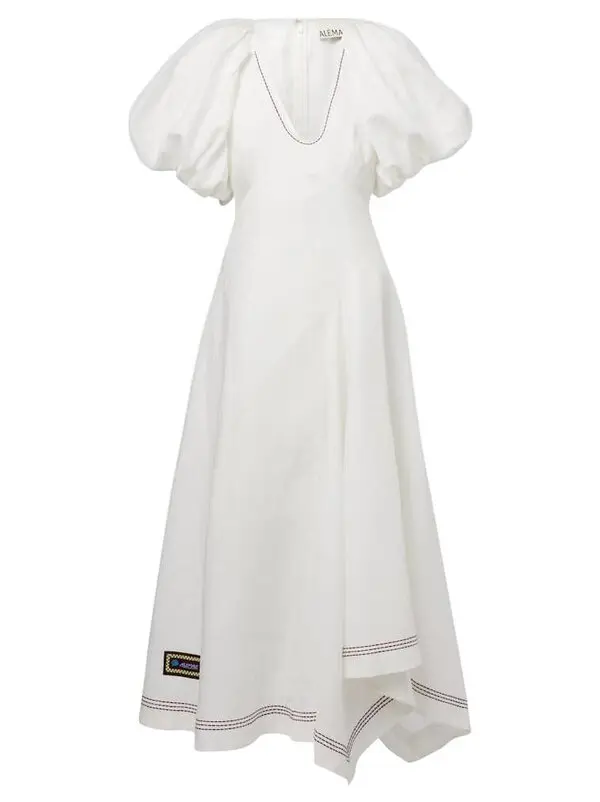 ALEMAIS Alémais Magnolia Embroidered Linen Midi Dress - White