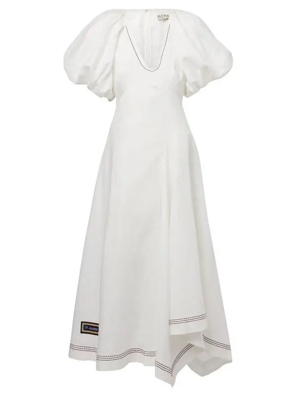 ALEMAIS Magnolia Embroidered Linen Midi Dress - White
