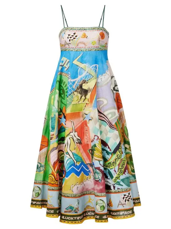 ALEMAIS Lucky Pace Printed Linen Midi Dress - Multicoloured