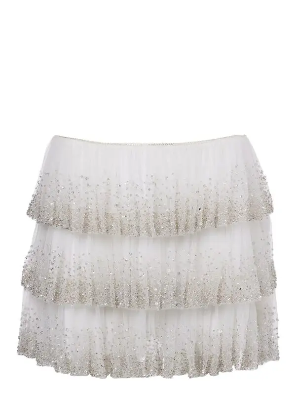 CLIO PEPPIATT Evie Beaded Tiered Tulle Miniskirt - White