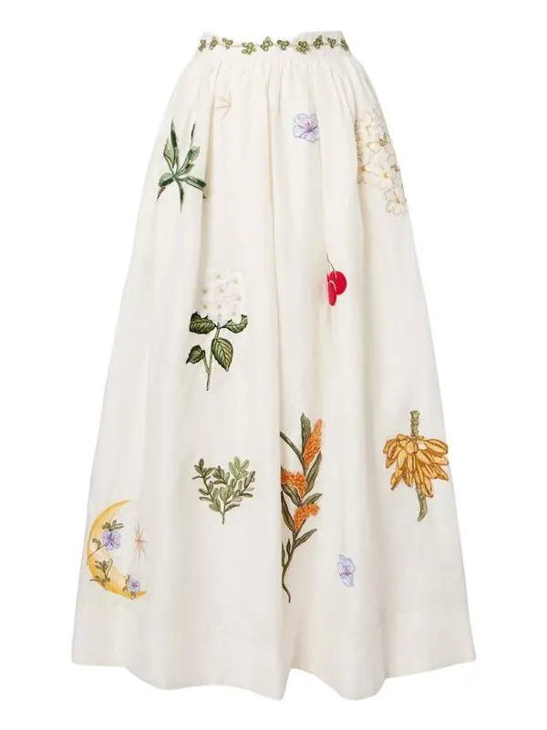 Agua Bendita Tangelo Embroidered Linen Maxi Skirt - Beige
