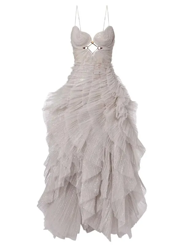 MARIA LUCIA HOHAN Sureya Cutout Ruffled Tulle Gown - Silver