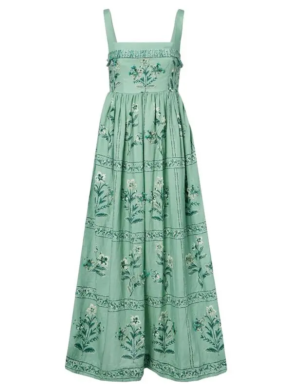 Agua Bendita Barbara Embroidered Linen Maxi Dress - Green