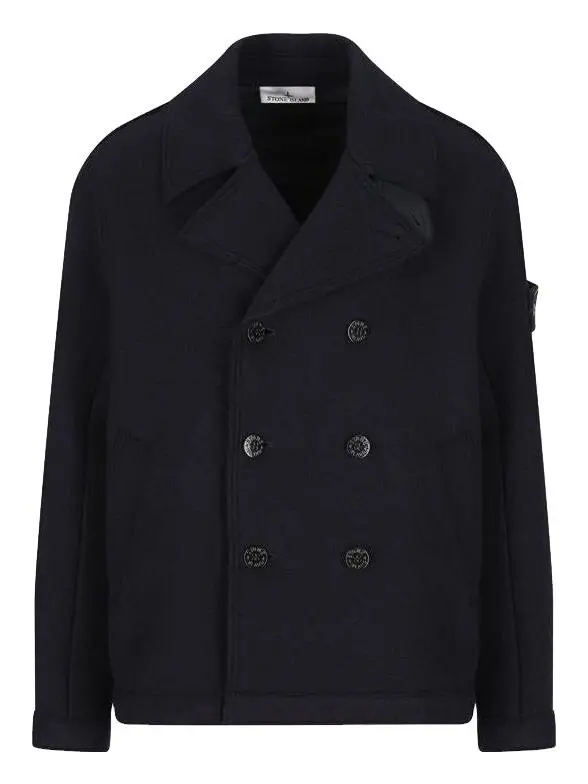 Stone Island Double-breasted Virgin Wool Coat - Blue