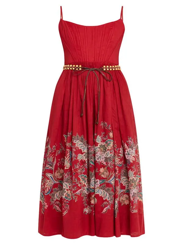 Zimmermann Rhiannon Belted Corset Midi Dress - Red Multi Paisley